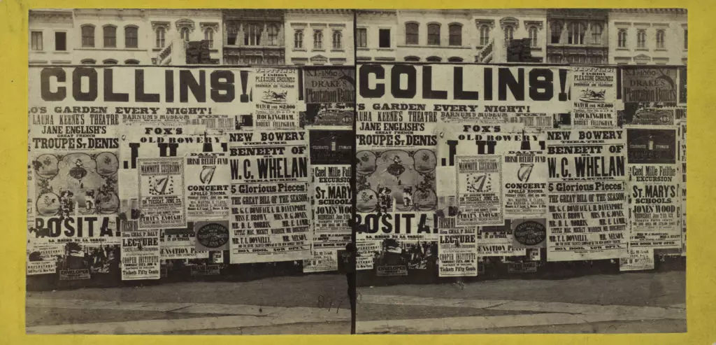 E. & H. T. Anthony & Co., Specimenoj de New York Bill Posting (1863). Ĝentileco de la Metropola Muzeo de Arto.