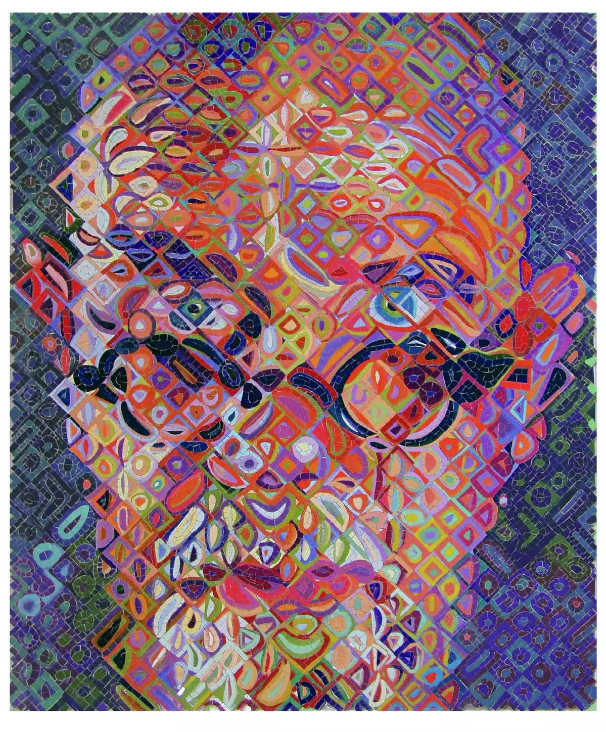 Chuck Close mosaikväggmålning gjord för tunnelbanans 86th Street-Second Avenue station. Med tillstånd från Metropolitan Transit Authority och Arts for Transit.