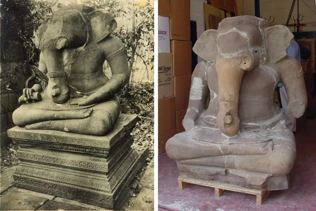 Maldekstre estas Ganesha statuo en Kamboĝo fotita fare de francaj arkeologoj en 1934. Dekstre estas tio, kion kamboĝaj oficialuloj kredas esti la sama peco en la stokunuo de James H. Clark. La forpasinta komercisto Douglas Latchford estas akuzita je esti prirabinta kaj vendinta la laboron al Clark, kiu jesis repatriigi ĝin. Foto ĝentileco de la kamboĝa registaro.