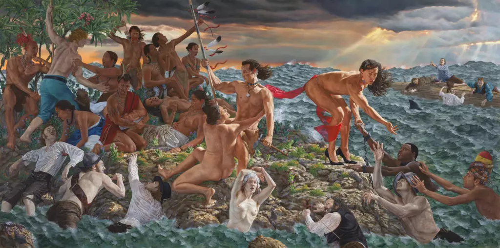 Kent Monkman, Pêşwaziya Nûbiharan (2019). Wêne ji hêla Anna Marie Kellen ve, ji hêla Muzexaneya Metropolitan ya Hunerê ve hatî şandin.