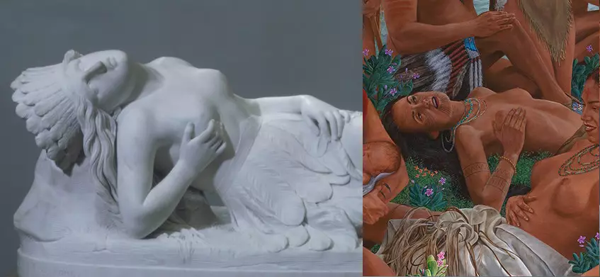 Thomas Crawford, Mexican Girl Dying (1846–48) ug ang numero nga giinspirar sa sculpture sa Kent Monkman's Welcoming the People (2019). Litrato sa maayong kabubut-on sa Metropolitan Museum of Art.