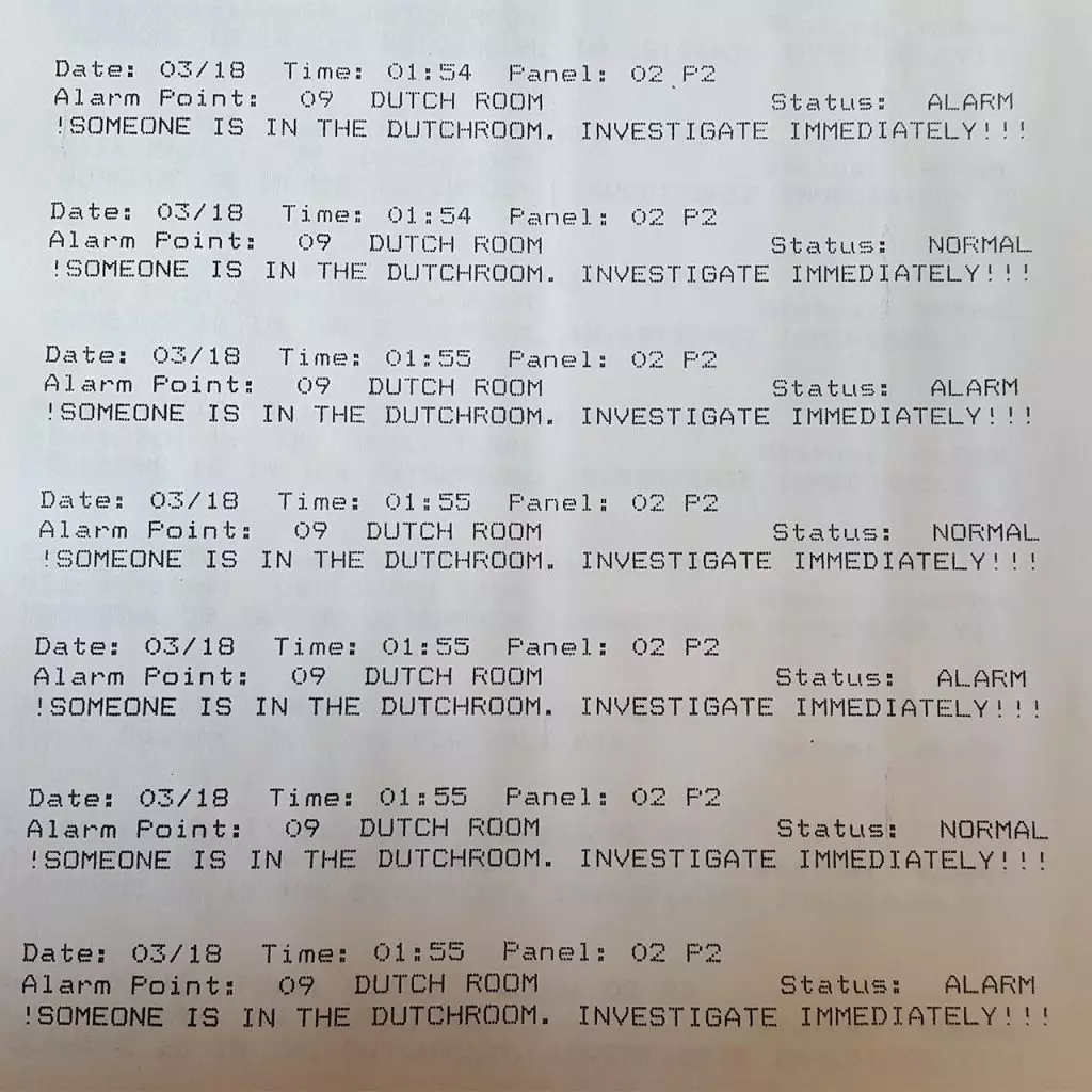 Eine Liste von Bewegungsmelderalarmen, die von Dieben während des Überfalls auf das Isabella Stewart Gardner Museum 1990 ausgelöst wurden. Foto mit freundlicher Genehmigung des Isabella Stewart Gardner Museum, Boston.