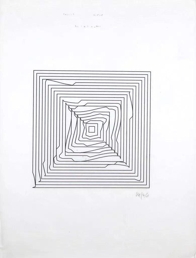 Vera Molnár, Transformation de carrés concentriques (ref. 76A) (1976). Saib xyuas Galerie Oniris-Rennes.