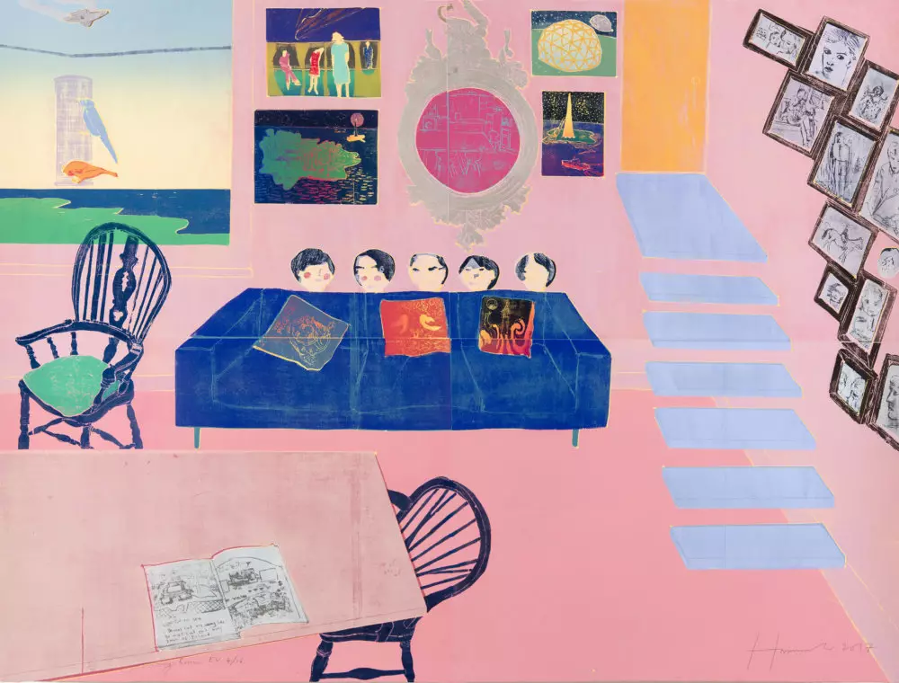 Dem Tom Hammick säi Living Room (2017). Ugedriwwe vum Kënschtler a Blummengalerie.