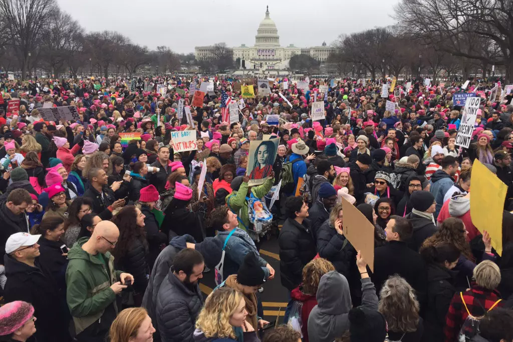 Demonstranti protestē Nacionālajā tirdzniecības centrā Vašingtonā, DC, par sieviešu gājienu 2017. gada 21. janvārī. Fotoattēlu sniedzis Endrjū Kabalero-Reinolds/AFP/Getty Images.