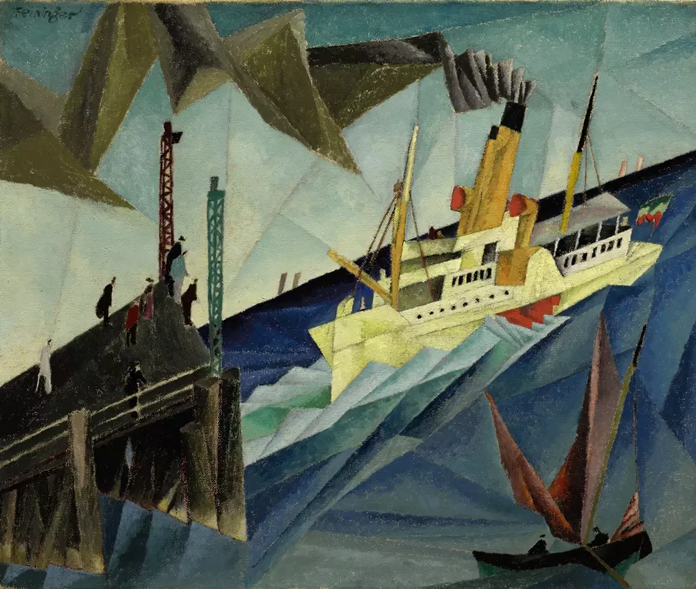 Lyonel Feininger, Raddampfer Am Landungssteg (oldalkerekes gőzhajó a leszállóhelyen) (1912) a Sotheby's jóvoltából