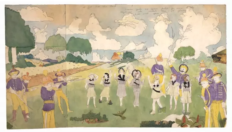 Henry Darger, Heb Deitl (Ceir eu herlid eto fodd bynnag, a rhaid iddynt roi'r gorau iddi oherwydd diffyg anadl). Llun: Oriel Andrew Edlin.