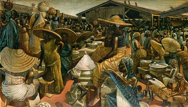 John Biggers, Kumasi Market (1962) จากคอลเล็กชั่นของ Maya Angelou ประมาณการก่อนการขายอยู่ที่ $100,000-150,000 ภาพ: แกลเลอรีประมูล Swann มารยาท