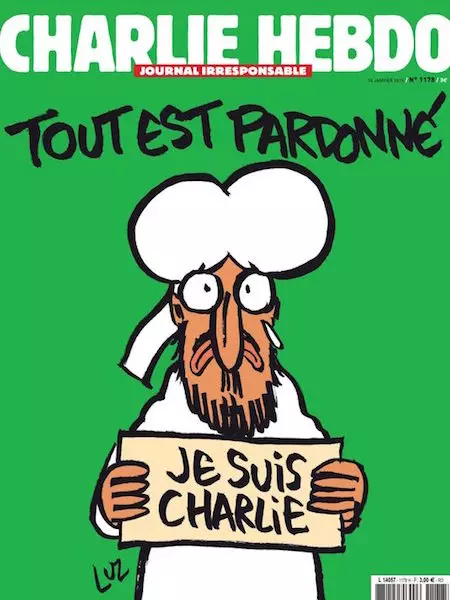 Panutup edisi munggaran Charlie Hebdo pencét kios koran saatos serangan teroris dina majalah. Poto: Charlie Hebdo / EPA.