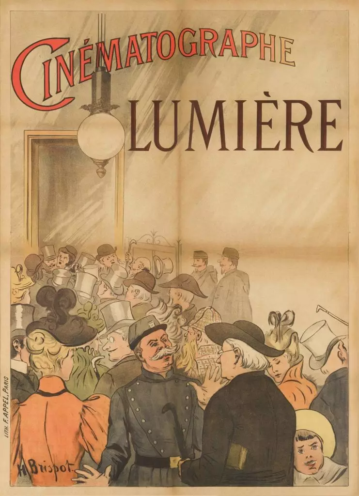 Anrī Brispots, Lumière kinematogrāfs (1896). Šis plakāts tika izveidots brāļiem Lumjēriem saistībā ar pasaulē pirmo publisko filmu izrādi. Tiek uzskatīts, ka tas ir pasaulē pirmais filmas plakāts. Ar Londonas Sotheby's atļauju.