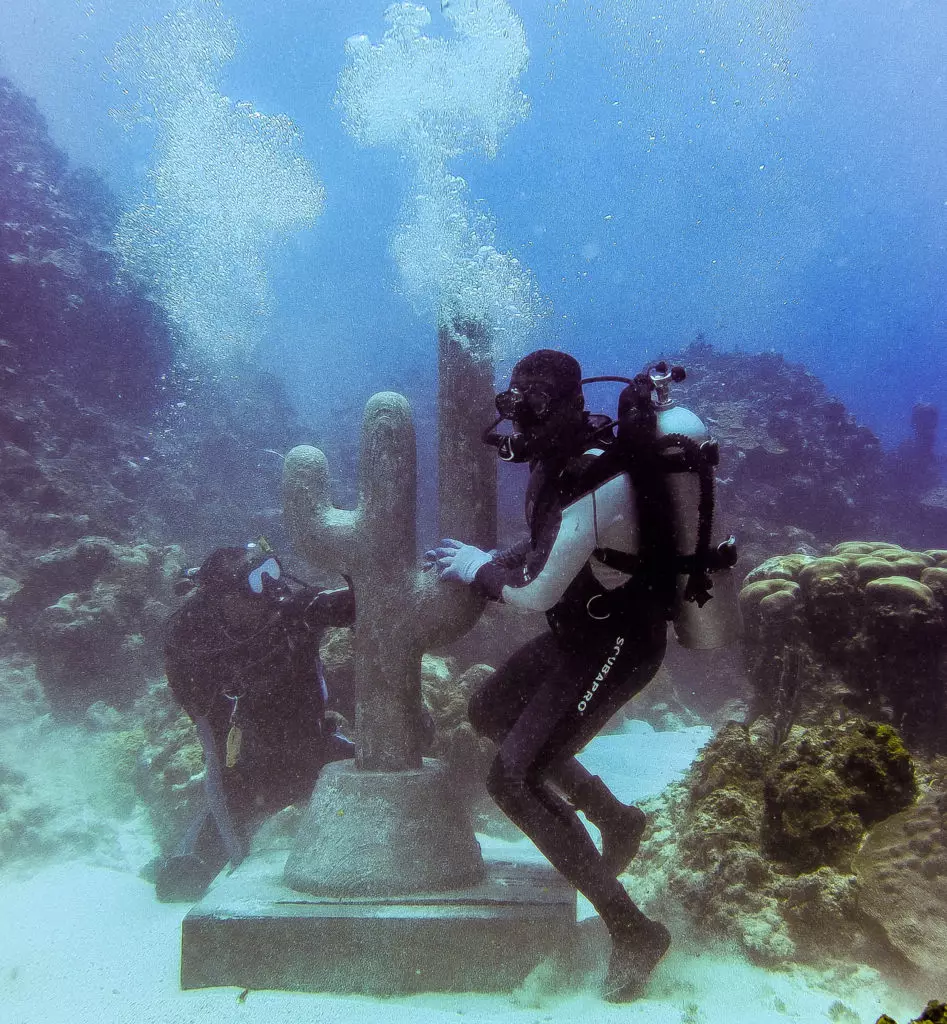 Búvárok Claudia Comte víz alatti kaktusz szobraival a jamaicai East Portland Fish Sanctuary-ben (2019). Fotó: Francesca Thyssen-Bornemisza