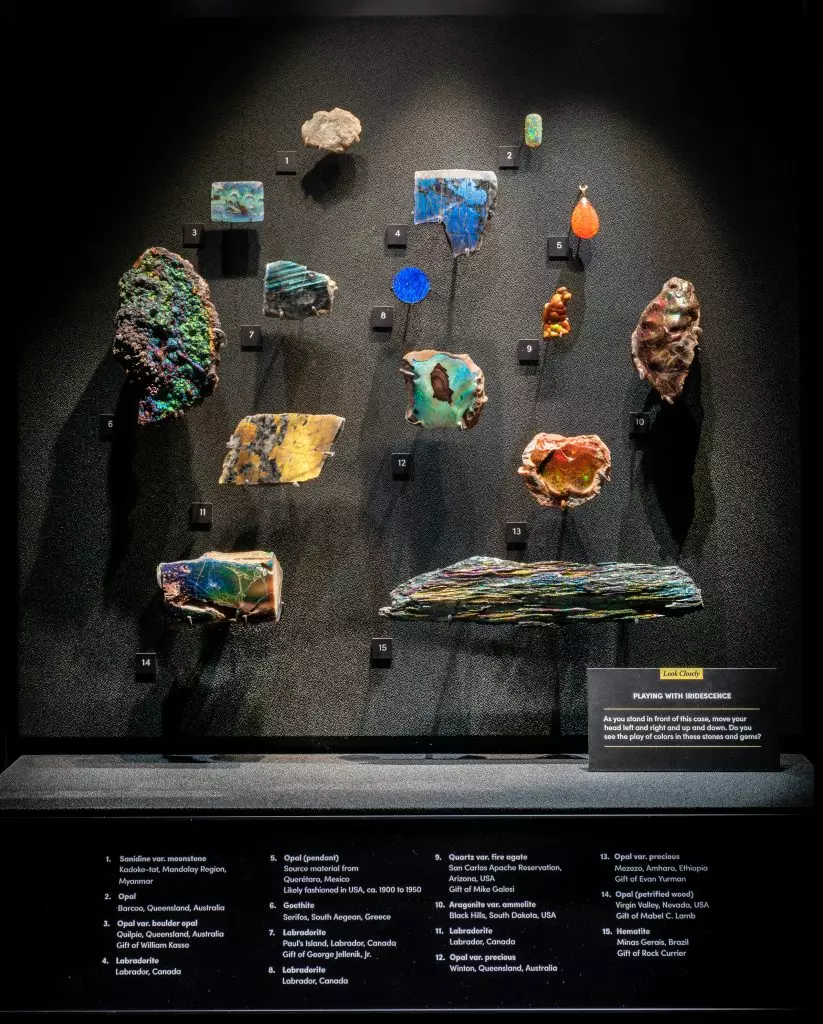 Iridescent namunalarni ajratib ko'rsatadigan bu holat minerallarning optik xususiyatlarini va ularning yorug'lik bilan o'zaro ta'sirini o'rganadigan Minerallar va yorug'lik xonasining bir qismidir. Foto: D. Finnin, ©AMNH.