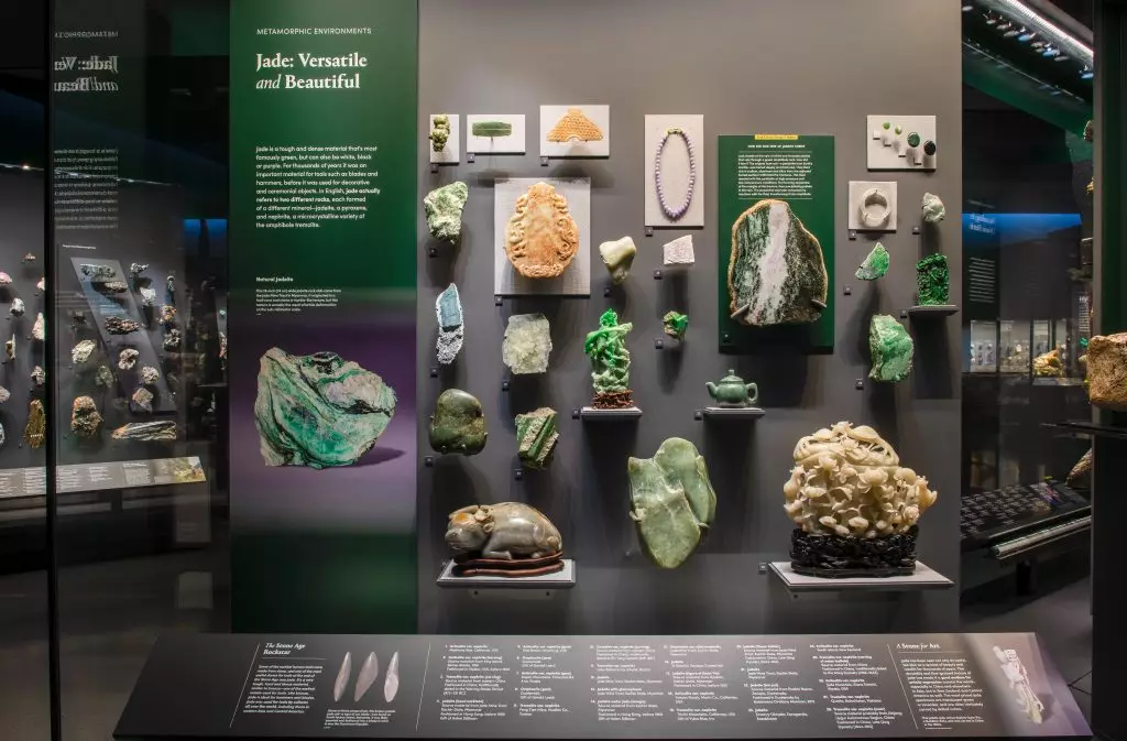 Bu g'ilofda turli xil jade namunalari, qattiq va zich material eng mashhur yashil rangga ega, ammo oq, qora yoki binafsha rang ham bo'lishi mumkin. Foto: D. Finnin, ©AMNH.