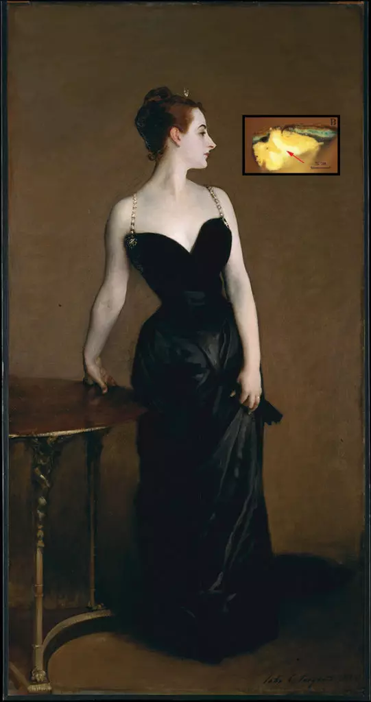 John Singer Sargent, Madame X (Madame Pierre Gautreau), 1883–84, û beşa xaçerê ya xebatê ku hebûna sabûna serber di bin rûyê tabloyê de nîşan dide. Ji hêla Muzexaneya Metropolitan a Hunerê / Cecil Dybowski.