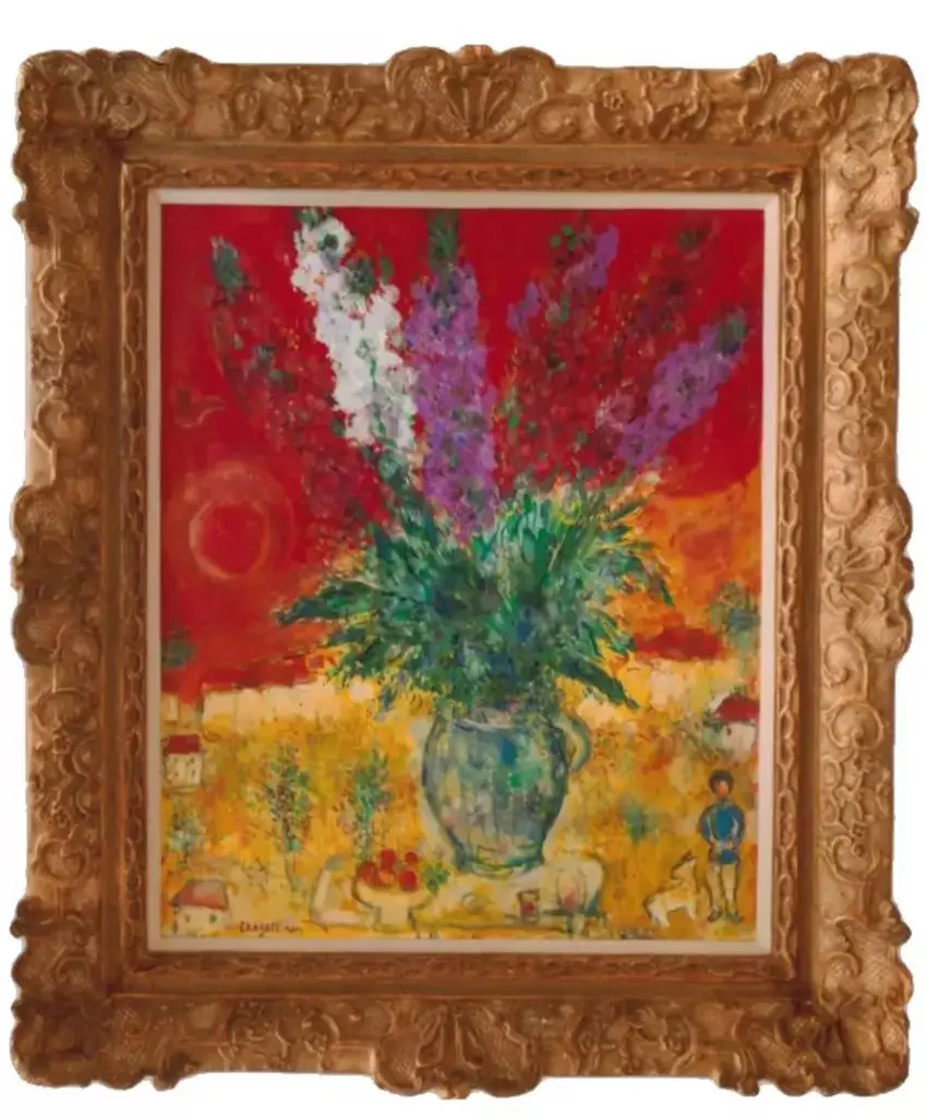 Marc Chagall, Bouquet de giroflées (1971). D'Aarbecht ass an der FBI National Stolen Art Database opgezielt.