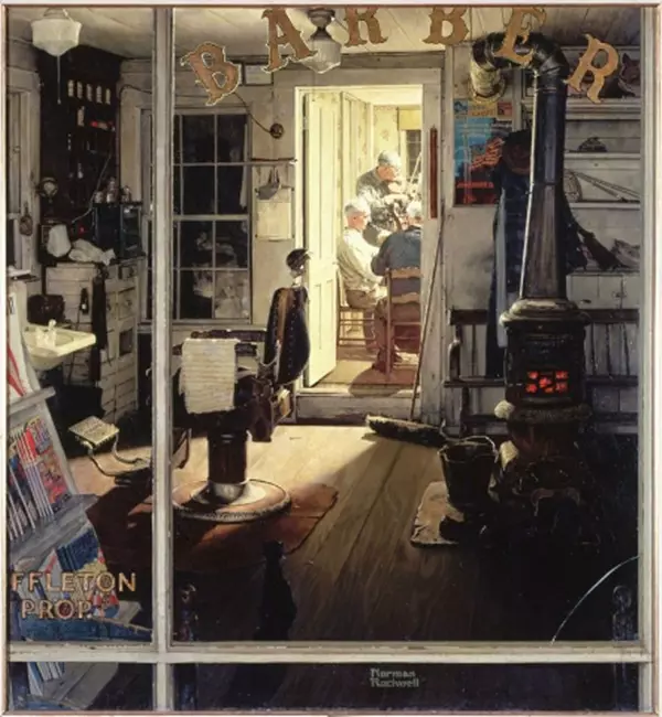 Norman Rockwell, Barbearia de Shuffleton (1959). Cortesia da Berkshire Fine Arts.