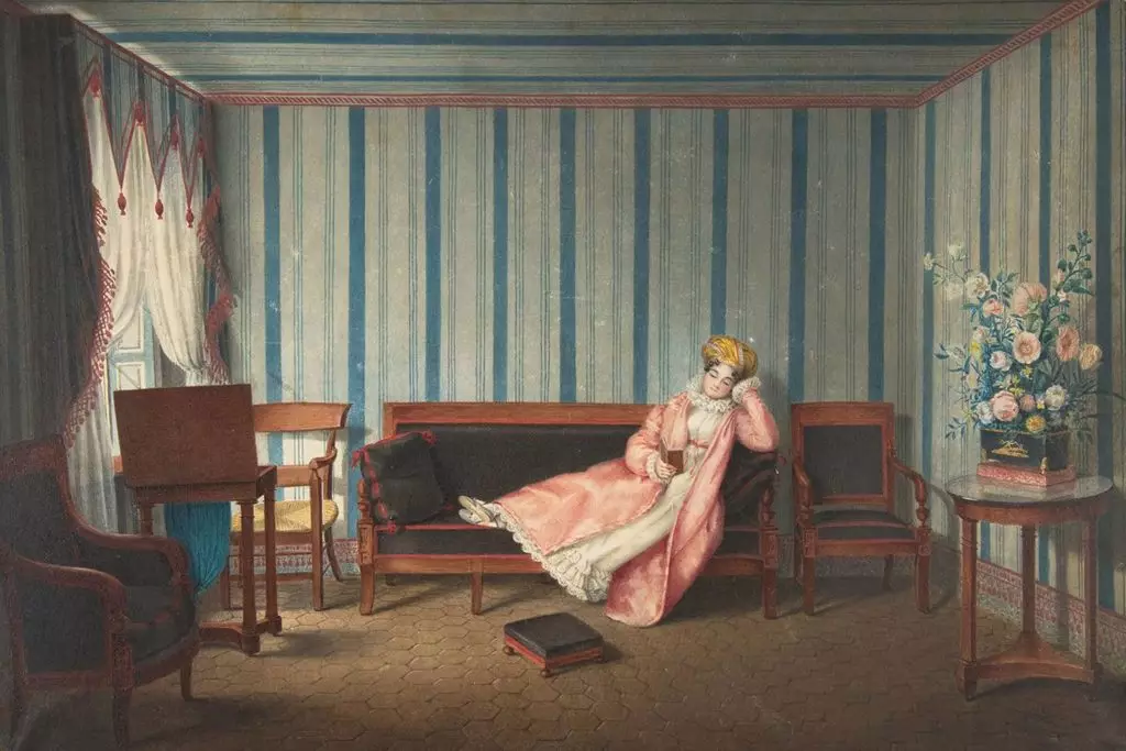 Theodore Lebrun, Woman in Pink Reclining on a Canape (1819). Mei tank oan it Metropolitan Museum of Art.