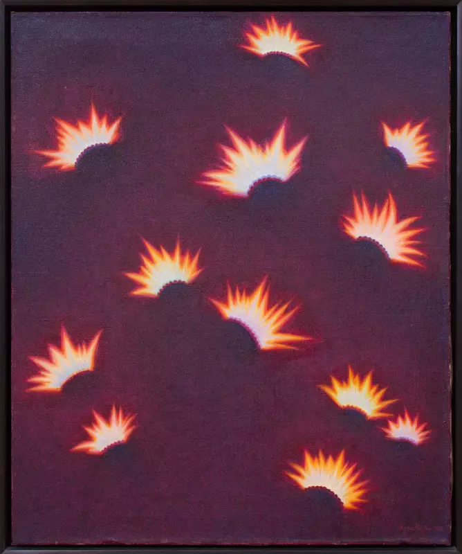 Agnes Pelton, Požiare vo vesmíre (1938). S láskavým dovolením Michael Rosenfeld Gallery.