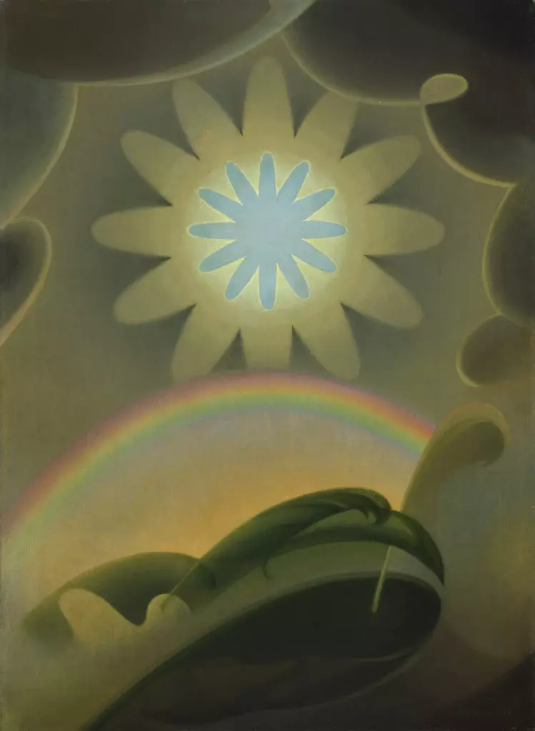 Agnes Pelton, Piesočná búrka (1932). Foto Edward C. Robison III, s láskavým dovolením Crystal Bridges Museum of American Art, Bentonville, Arkansas.