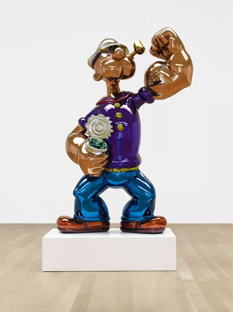 Jeff Koons Popeye Potpisan, datiran 2009-2011 i numeriran 3/3 na donjoj strani Popajeve desne noge Visokohromirani nehrđajući čelik sa premazom u prozirnoj boji 78 x 51 x 28 in. (198,1 x 129,5 x 71,1 cm) Izvedeno u 2019-2019 , djelo je broj tri od tri izdanja Procjena: U regiji od 25 miliona dolara © 2014 Jeff Koons