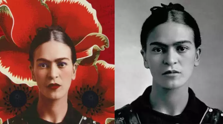 D'Ulta Beauty Verpackung schéngt op dëser schwaarz-wäiss Foto vum Frida Kahlo ze baséieren.