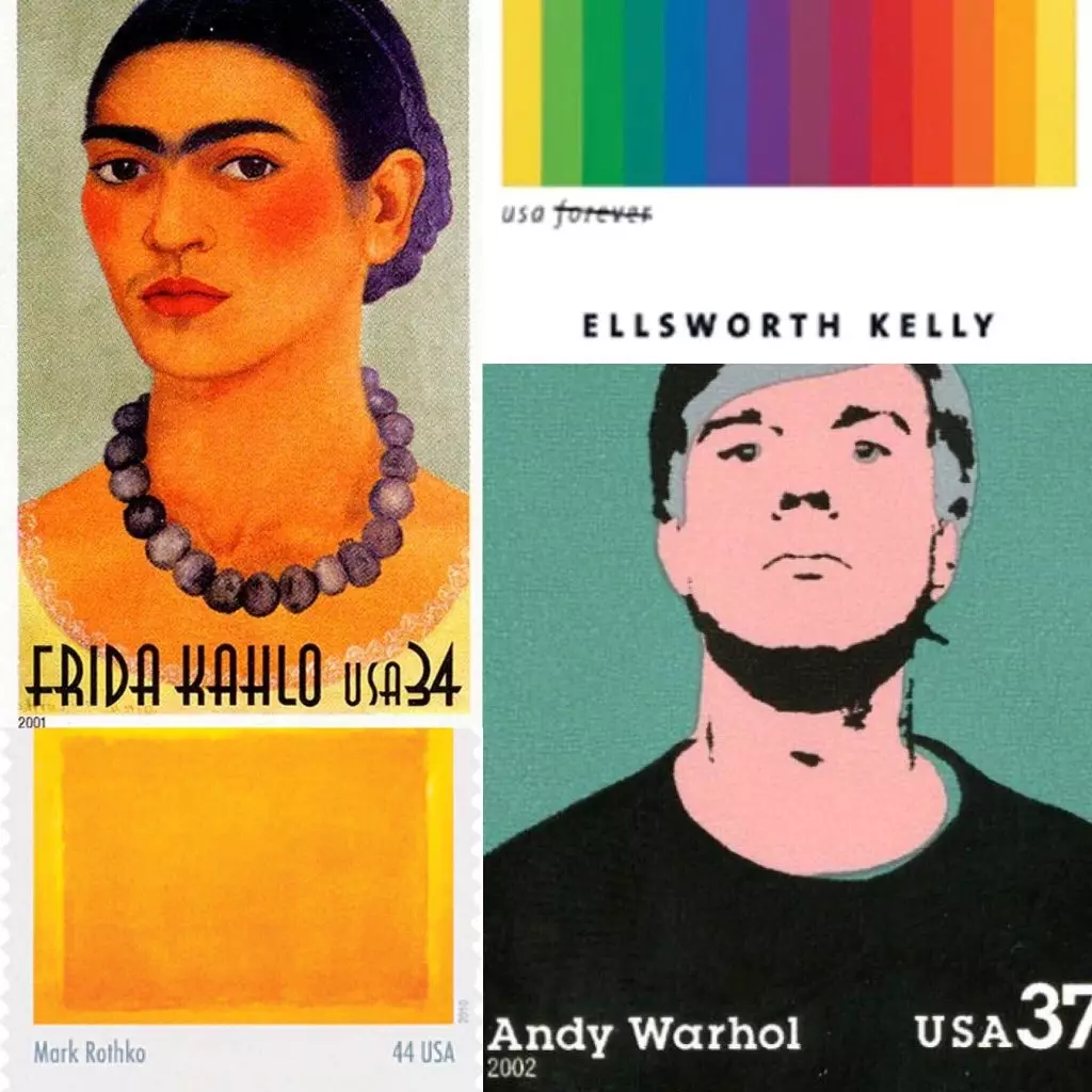 Frida Kahlo, Ellsworth Kelly, Andy Warhol və Mark Rothko markaları. ABŞ Poçt Xidmətinin izni ilə.