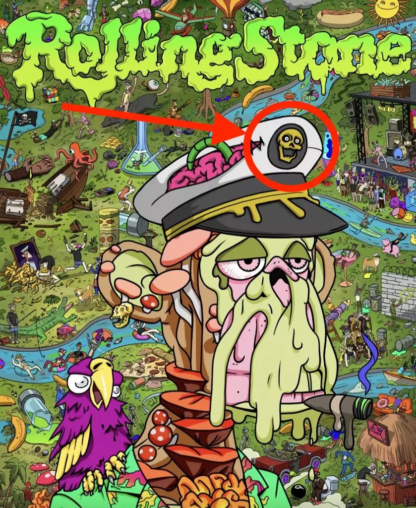 כריכת Bored Ape של Rolling Stone, עם לוגו גולגולת מפליל מודגש.