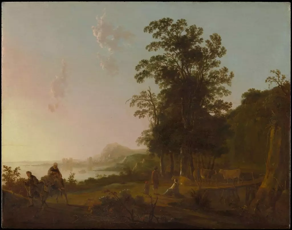 Aelbert Cuyp, ඊජිප්තුවට පියාසර කිරීම සමඟ භූ දර්ශනය (1650 පමණ). මෙට්‍රොපොලිටන් කලා කෞතුකාගාරයේ එකතුව.