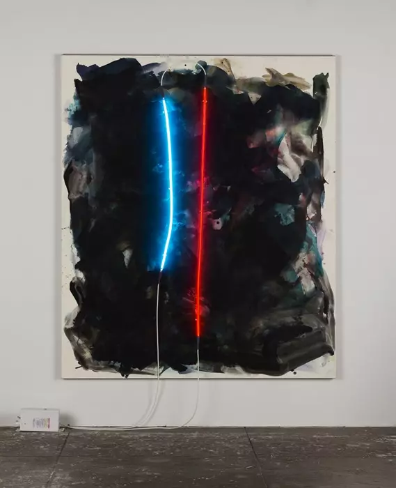 Mary Weatherford, isalẹ Los Angeles, 2014, Flashe ati neon lori ọgbọ. Iteriba David Kordanksy Gallery, Los Angeles.