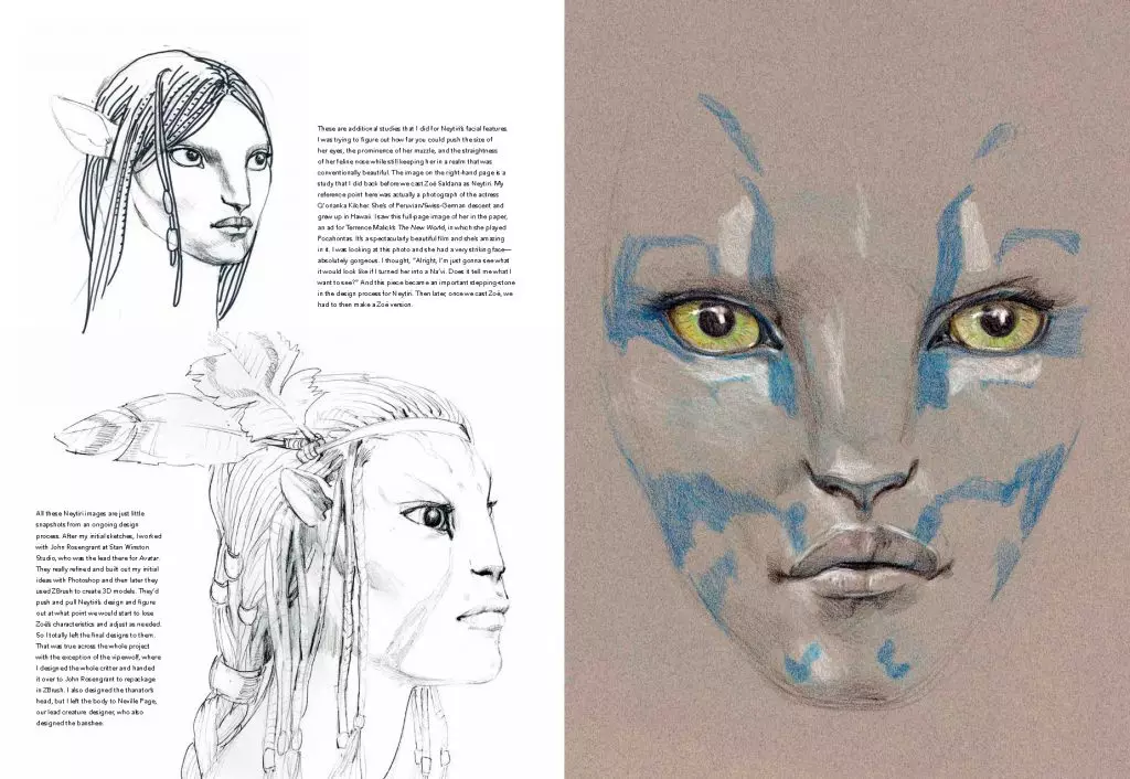 Eine Doppelseite aus Tech Noir: The Art of James Cameron, 2021 mit frühen Illustrationen der Na'vi aus Avatar (2009). Mit freundlicher Genehmigung von Insight Editions.