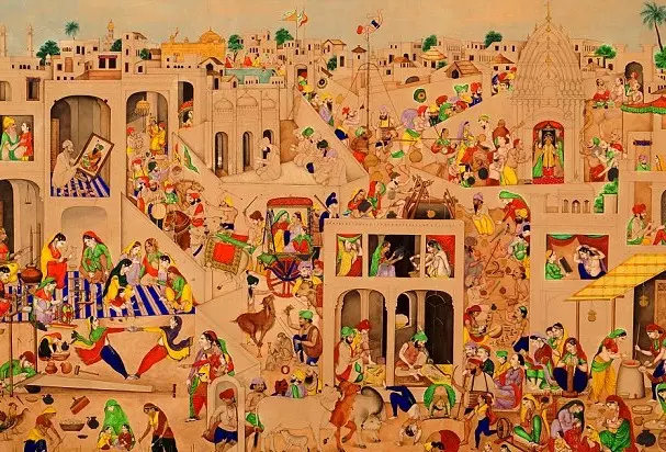 La peinture du Temple d'or serait l'œuvre de l'artiste sikh Baba Bishan Singh. Avec l'aimable autorisation de Roseberys Fine Art Auctioneers Londres.