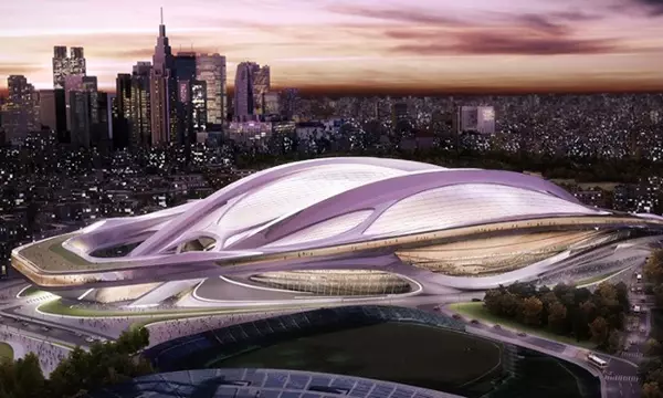 Rendering desain Zaha Hadid anu ditinggalkeun pikeun Stadion Olimpiade Tokyo 2020. Poto: Zaha Hadid.