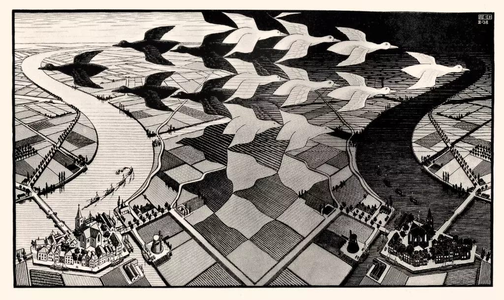 M.C. Escher, den a noc. ©2018 M.C. Společnost Escher.