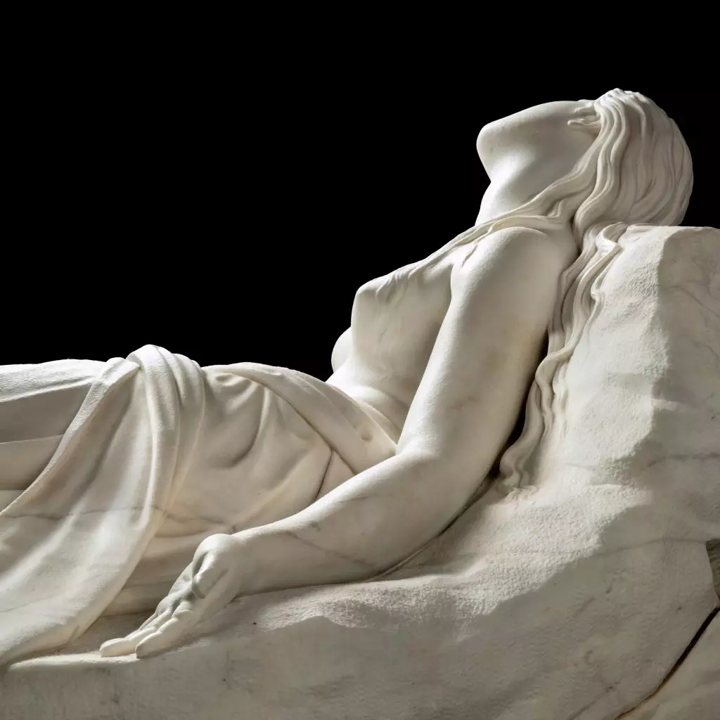 Antonio Canova, Maddalena Giacente (Gorff Magdalene), 1819–22, manylion. Llun trwy garedigrwydd Christie's London.