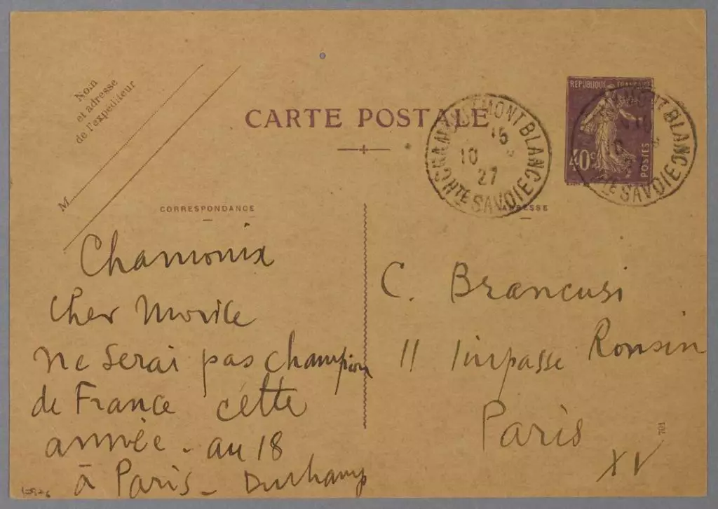 Kartu pos dari Duchamp ke Brancusi, dari Chamonix, Prancis. © Center Pompidou/Mnam-Cci Bibliothèque Kandinsky/Fonds Brancusi.