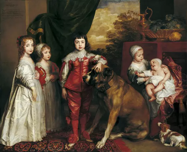 Anthony Van Dyck, The Five Eldest Children of Charles I (Ënnerschriwwen an datéiert 1637). Ugedriwwe vun der Royal Collection Trust.