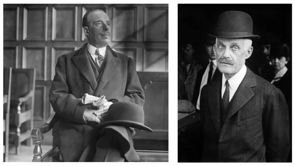 Sab laug: Sir Joseph Duveen hauv xyoo 1929 thiab Asmeskas cov nyiaj txiag Andrew William Mellon, ca. 1920. (Duab los ntawm APIC/Getty Images)