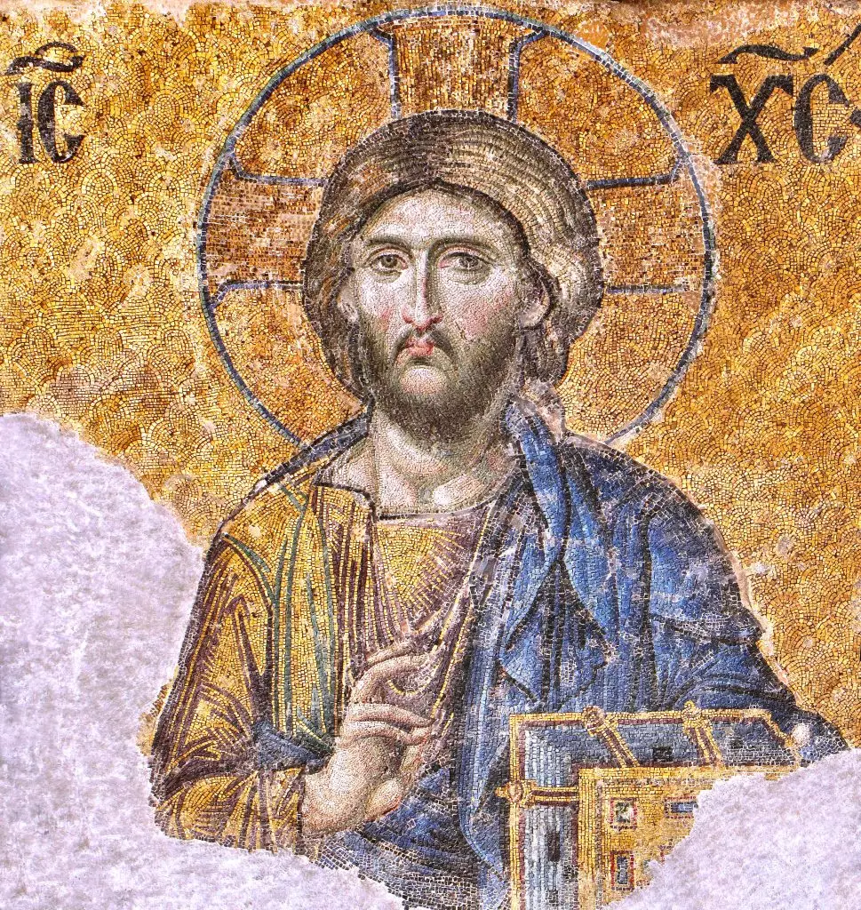 Keriso o le Pantocrator, fa'atasi e le Taupou Maria ma Ioane le Papatiso (circa 1261), Hagia Sophia, Istanbul.