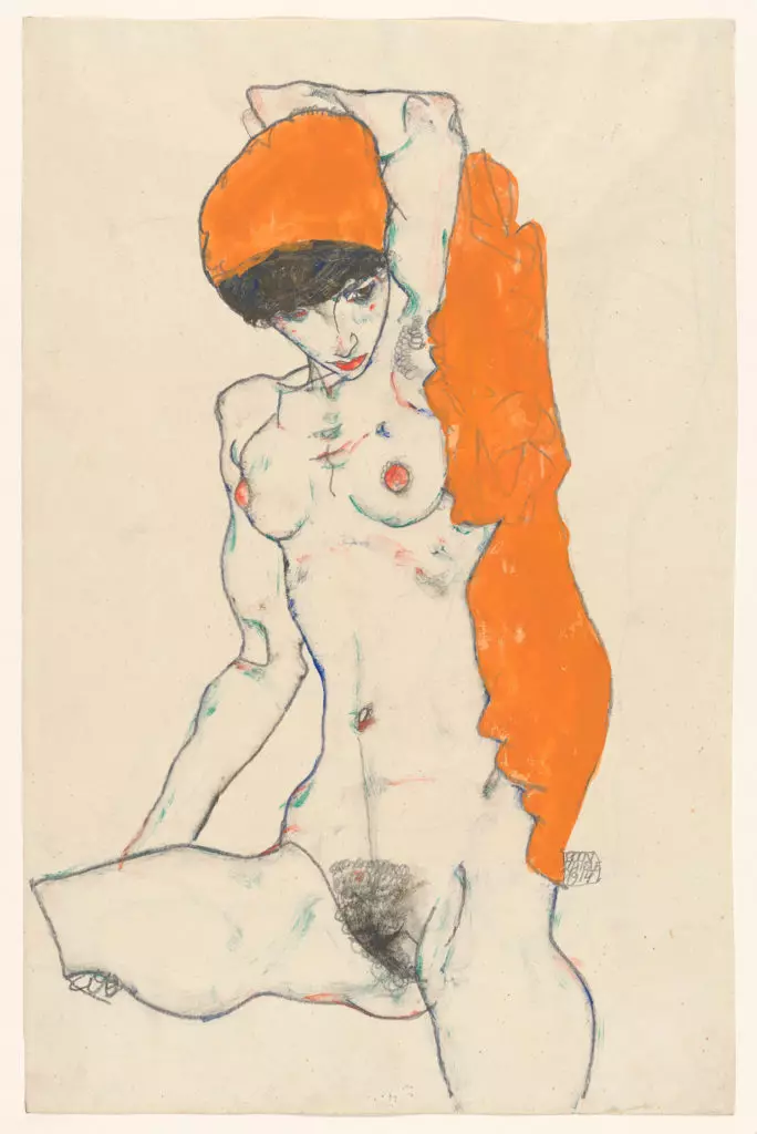 Egon Schiele, Staranta Nuda kun Orange Drapery (1914). Ĝentileco de la Metropolitena Muzeo de Arto, New York, testamentaĵo de Scofield Thayer, 1982.