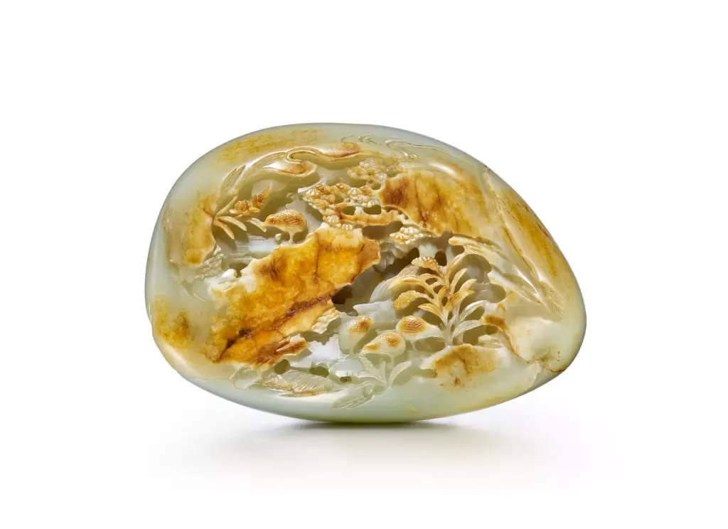 Harvinainen Celadon ja Russet Jade "Quail And Millet" Boulder Irving Giftistä. Sotheby'sin luvalla.