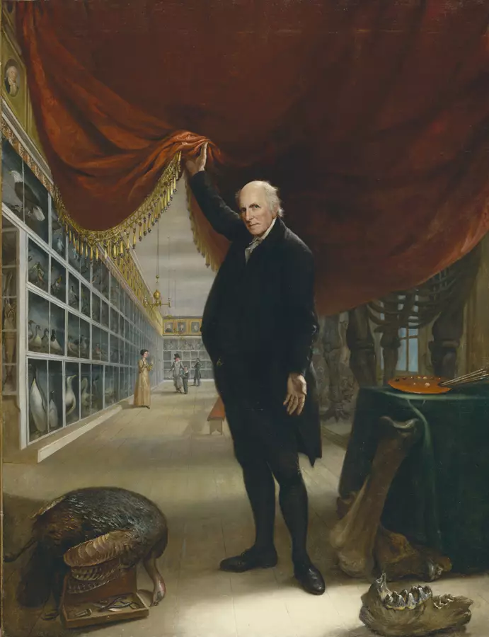 Charles Willson Peale, umělec ve svém muzeu (1822). S laskavým svolením Pennsylvania Academy of Art.