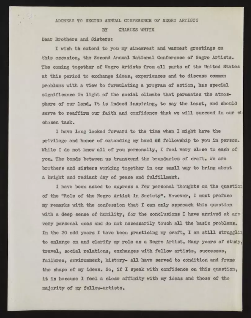 Charles W. White, “Azịza nke ọgbakọ Afọ Abụọ nke Abụọ nke ndị nka Negro,” 1960. Charles W. Whitepapers, 1933–1987. Site n'ikike nke Archives of American Art, Smithsonian Institution.