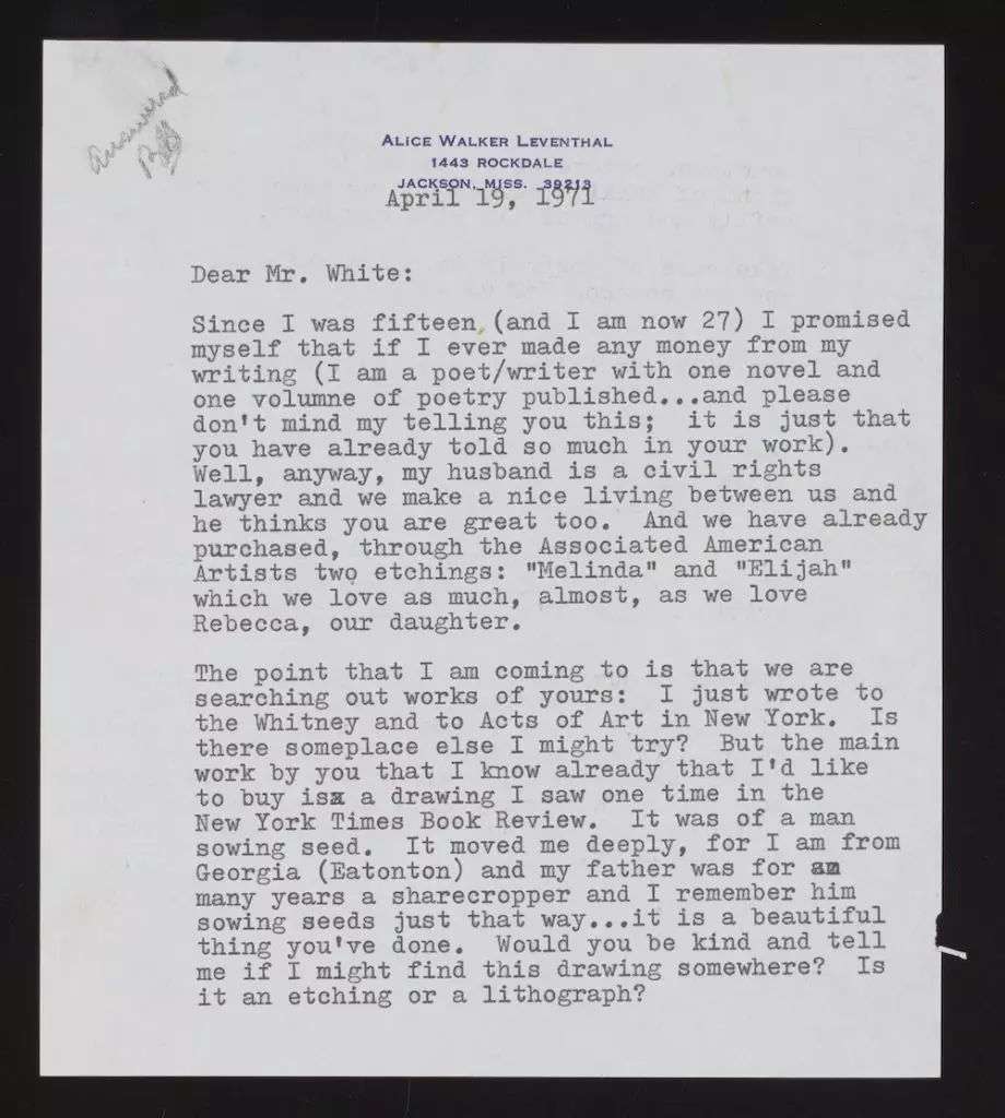 Carta de Alice Walker Leventhal a Charles W. White, abril de 1971. Charles W. White Papers, 1933–1987. Cortesía dos Archives of American Art, Smithsonian Institution.