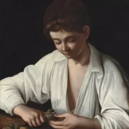 Michelangelo Merisi da Caravaggio, Boy Peeling a Fruit, olie op doek