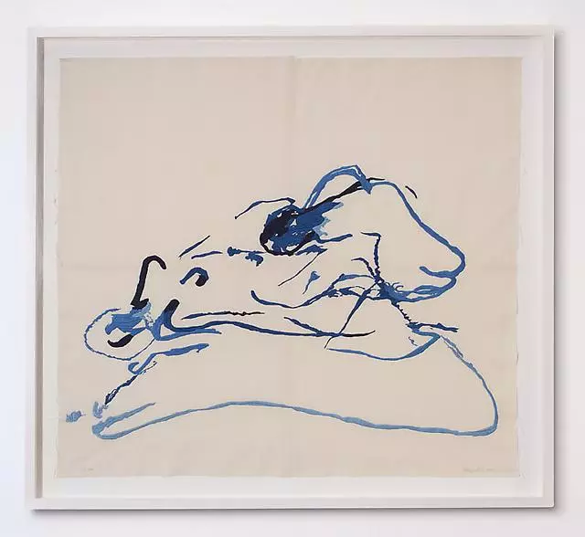 Tracey Emin, Csendélet, 2012, hímzett kalikó, 73 x 79 x 4 hüvelyk, 185,4 x 200,7 x 10,2 cm. (keretezett), Lehmann Maupin, New York, NY