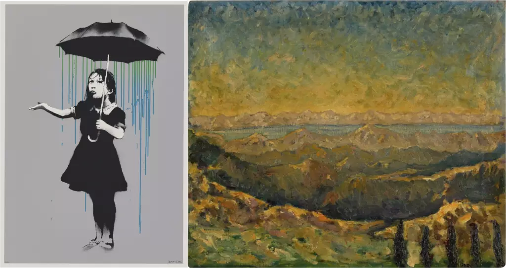 Links, Banksy, Nola AP (Green to Blue Rain) (2008). Mit freundlicher Genehmigung von Christie's Images Ltd.; oder rechts, Winston Churchill, Blick in die italienischen Alpen (ca. 1934). Mit freundlicher Genehmigung von Sotheby's.