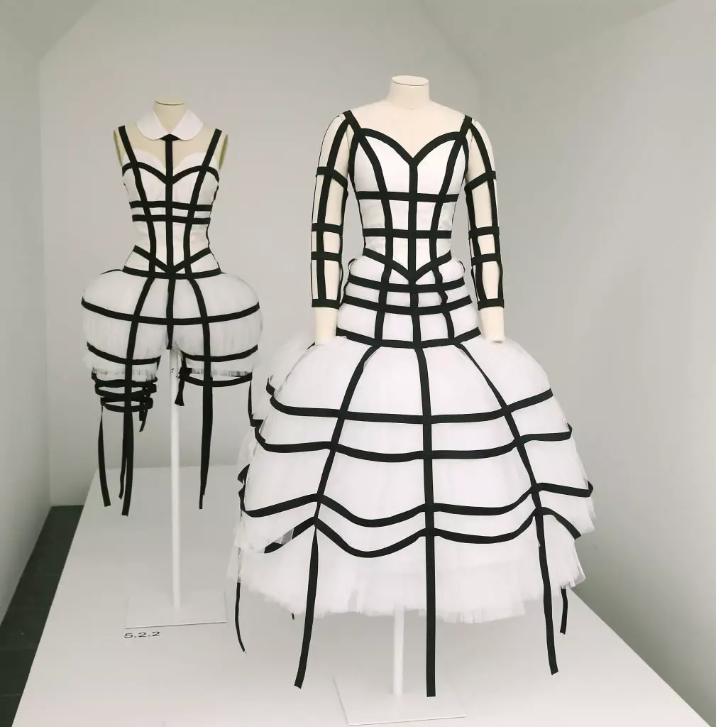 Designs by Rei Kawakubo on display at the 