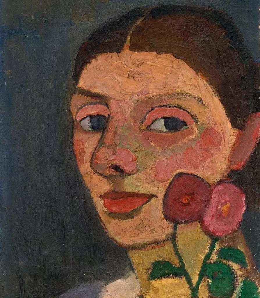 Paula Modersohn-Becker, Selbstbildnis mit zwei Blumen in der erhobenen linken Hand (Mufananidzo Wega Une Maruva Maviri Muruoko Rwake Ruboshwe Rwakasimudzwa), 1907. Courtesy of the Museum of Modern Art uye Neue Galerie.