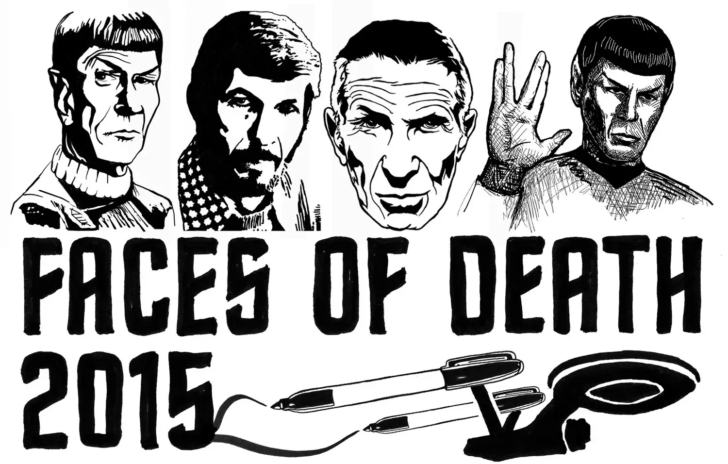 Juried Nimoy Tribute Sketch, çepden saga dört ýeňiş gazanan ýazgy: Brendan Makkann (Granada Hills, Kaliforniýa), Jonatan Rauberts (Bruklin), Jokelin Jones (Berkeli), Maşa Gwozdow (Bruklin); tekst / sharpie Enterprise log, Maýkl Hambouz (Bruklin). Photo: suratkeş we