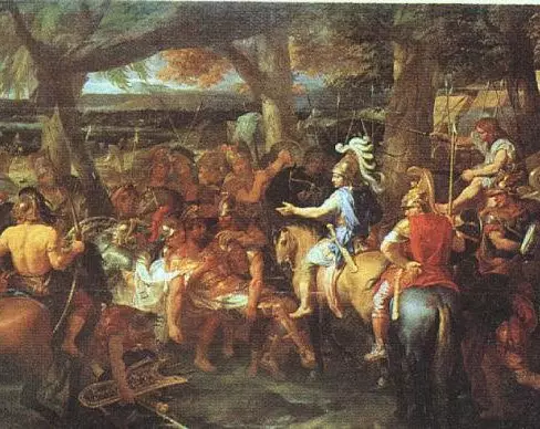 Charles Le Brun, Alexander og Porus (1673), viser Hephaestion i en rød kappe, der ledsager Alexander den Store i slaget ved Hydaspes.